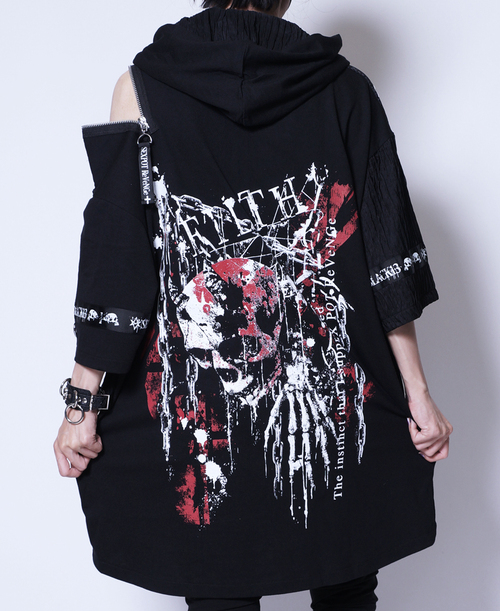 [APPAREL]/セックスポットリベンジ/FILTH ASYMMETRY DESIGN BLACK ROCK WASHER ZIP パーカ 黒×白＋赤 (F) ゴスロリ・パンク/SEX POT ReVeNGe