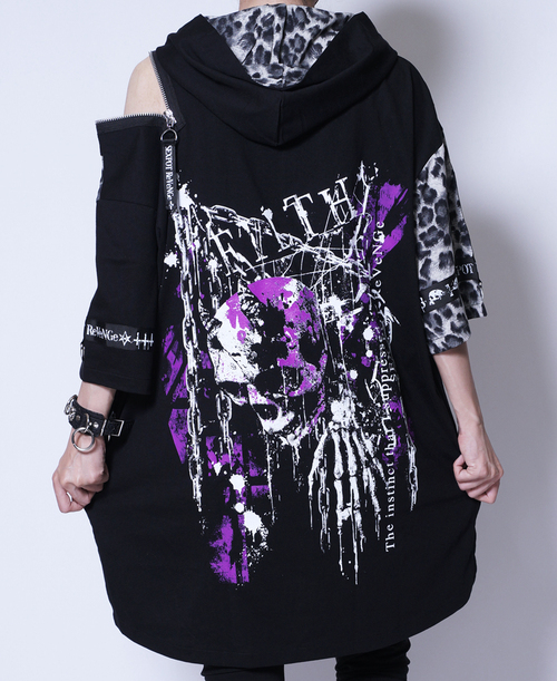 [APPAREL]/セックスポットリベンジ/FILTH ASYMMETRY DESIGN BLACK ROCK LEOPARD ZIP パーカ 黒＋ヒョウ×白＋紫 (F) ゴスロリ・パンク/SEX POT ReVeNGe