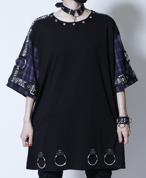 [APPAREL]/セックスポットリベンジ/BELT SLEEVE SID RING カットソー 黒＋紫チェック (F) ゴスロリ・パンク/SEX POT ReVeNGe