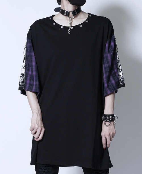 [APPAREL]/セックスポットリベンジ/SHOULDER ZIP シドリング カットソー 黒＋紫チェック (F) ゴスロリ・パンク/SEX POT ReVeNGe