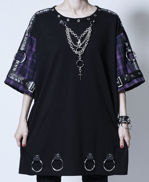 [APPAREL]/セックスポットリベンジ/CUSTOM BELT SLEEVE SID RING カットソー 黒＋紫チェック (F) ゴスロリ・パンク/SEX POT ReVeNGe