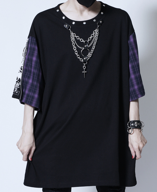 [APPAREL]/セックスポットリベンジ/CUSTOM SHOULDER ZIP シドリング カットソー 黒＋紫チェック (F) ゴスロリ・パンク/SEX POT ReVeNGe