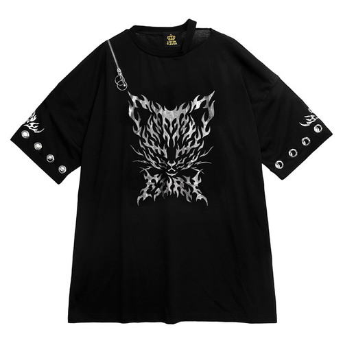 [APPAREL]/リッスンフレーバー/キラキラネコ スリットBIGトップス BLACK (F) ゴスロリ・パンク/LISTEN FLAVOR