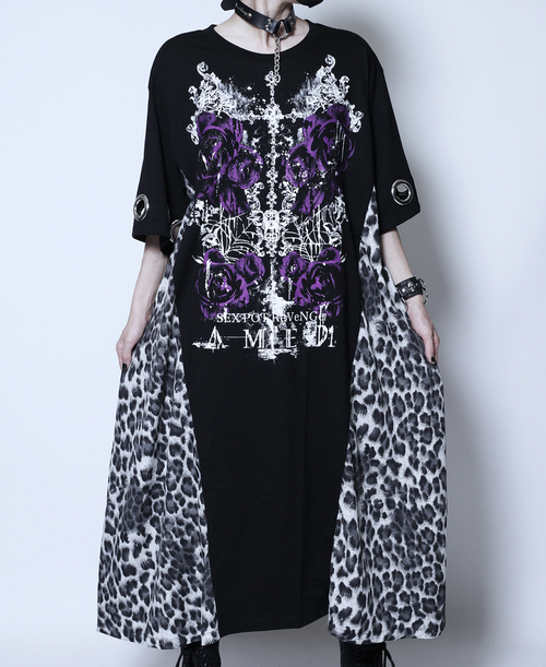 [APPAREL]/セックスポットリベンジ/AMEN JUDGMENT DESIGN LEOPARD ロング カットソー 黒 + ヒョウ x 白 + 紫 (F) ゴスロリ・パンク/SEX POT ReVeNGe