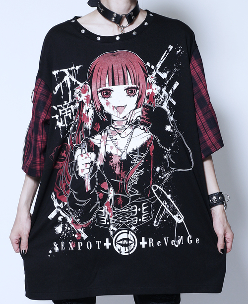 [APPAREL]/セックスポットリベンジ/不適合 SHOULDER ZIP シドリング カットソー 黒 + 赤チェック x 白 + 赤 (F) ゴスロリ・パンク/SEX POT ReVeNGe