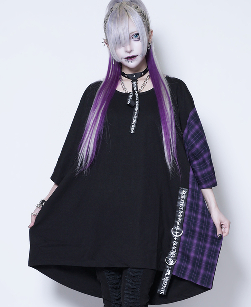 [APPAREL]/セックスポットリベンジ/BONDAGE CHOKER CHECK BIG デザイン カットソー 黒+紫チェック (F) ゴスロリ・パンク/SEX POT ReVeNGe