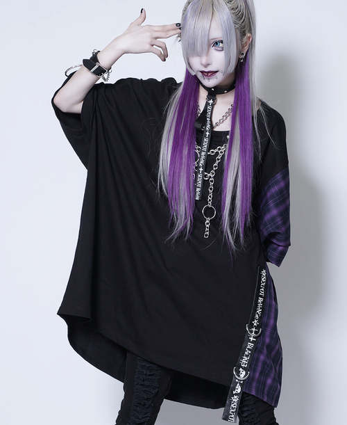 [APPAREL]/セックスポットリベンジ/CUSTOM BONDAGE CHOKER CHECK BIG デザイン カットソー 黒+紫チェック (F) ゴスロリ・パンク/SEX POT ReVeNGe