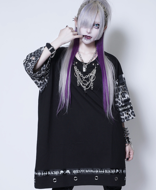 [APPAREL]/セックスポットリベンジ/CUSTOM PUNKISH DETAIL LOGO LINE ビッグ カットソー 黒+灰ヒョウ (F) ゴスロリ・パンク/SEX POT ReVeNGe