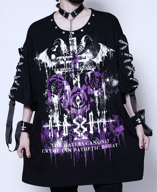 [APPAREL]/セックスポットリベンジ/ROTTEN ROSE BONDAGE WRIST レースアップ カットソー 黒 x 白＋紫 (F) ゴスロリ・パンク/SEX POT ReVeNGe