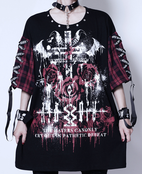 [APPAREL]/セックスポットリベンジ/ROTTEN ROSE BONDAGE WRIST レースアップ カットソー 黒＋赤チェック x 白＋赤 (F) ゴスロリ・パンク/SEX POT ReVeNGe