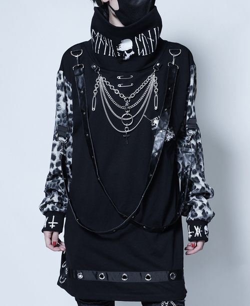 [APPAREL]/セックスポットリベンジ/CUSTOM VICIOUS MURDER BONDAGE BELT ハイネック カットソー 黒+ヒョウ柄 (F) ゴスロリ・パンク/SEX POT ReVeNGe