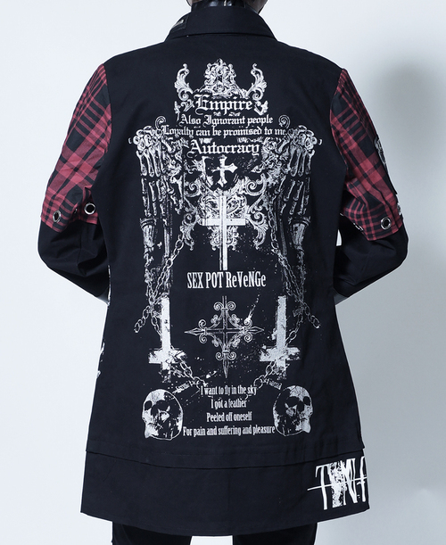 [APPAREL]/セックスポットリベンジ/THSONE OF BONES SKULL DARK PUNKISH CHECK シャツ ジャケット 黒+赤チェック×白+シルバー (M) ゴスロリ・パンク/SEX POT ReVeNGe