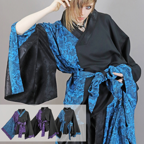 [APPAREL]/ディオラート/[GOTH CHINA] KIMONO風 トップス SET [着物袖・帯付] ブラック×ブルー (L) ゴスロリ・パンク/Deorart