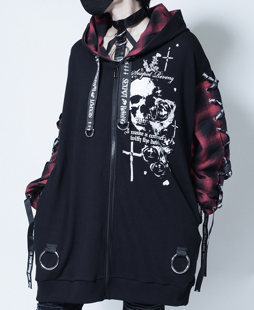 [APPAREL]/セックスポットリベンジ/LACE UP SLEEVE DEVIL HORNS HOOD ジップ パーカ 黒＋赤チェック (F) ゴスロリ・パンク/SEX POT ReVeNGe