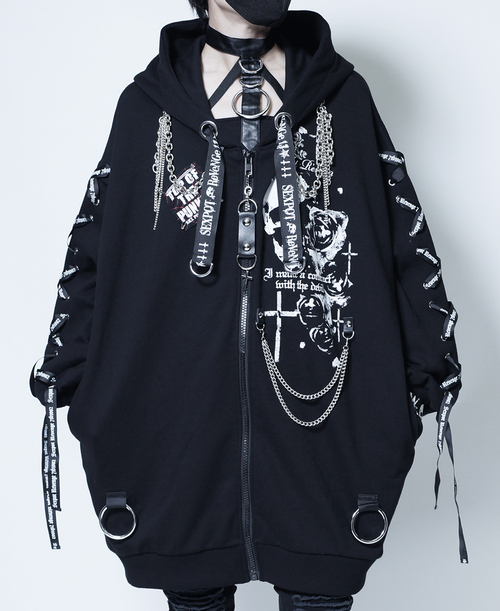 [APPAREL]/セックスポットリベンジ/CUSTOM LACE UP SLEEVE DEVIL HORNS HOOD ジップ パーカ 黒 (F) ゴスロリ・パンク/SEX POT ReVeNGe