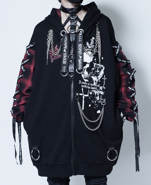 [APPAREL]/セックスポットリベンジ/CUSTOM LACE UP SLEEVE DEVIL HORNS HOOD ジップ パーカ 黒＋赤チェック (F) ゴスロリ・パンク/SEX POT ReVeNGe