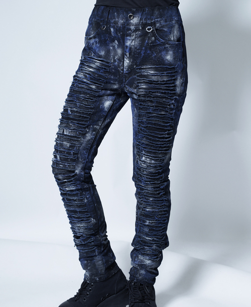 [APPAREL]/セックスポットリベンジ/DESTROY PUNK SLASH STRETCH スキニー パンツ BLE 黒＋青系ペイント (L) ゴスロリ・パンク/SEX POT ReVeNGe