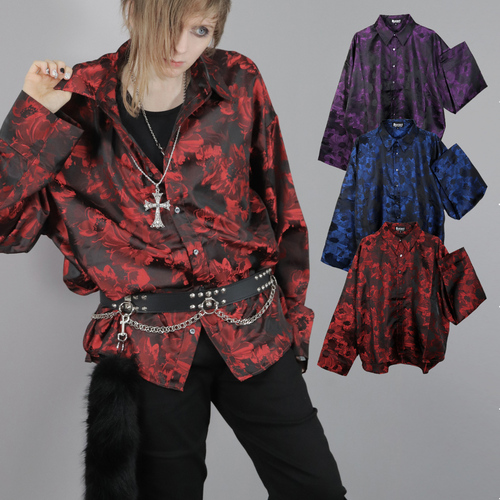 [APPAREL]/ディオラート/ジャガード フラワー柄・オーバーサイズシャツ レッド (L) ゴスロリ・パンク/Deorart