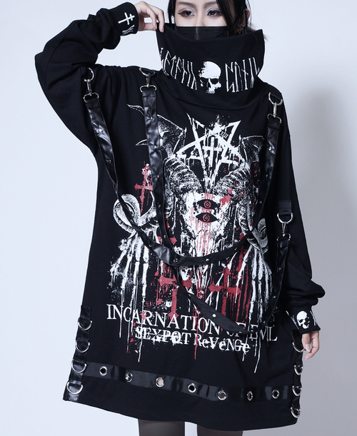 [APPAREL]/セックスポットリベンジ/INCARNATION OF EVIL VICIOUS MURDER BONDAGE BELT ハイネック カットソー 黒×白＋赤 (F) ゴスロリ・パンク/SEX POT ReVeNGe