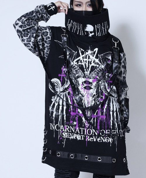 [APPAREL]/セックスポットリベンジ/INCARNATION OF EVIL VICIOUS MURDER BONDAGE BELT ハイネック カットソー 黒＋ヒョウ柄×白＋紫 (F) ゴスロリ・パンク/SEX POT ReVeNGe