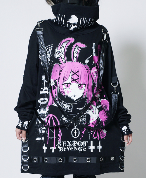 [APPAREL]/セックスポットリベンジ/わがままバニー VICIOUS MURDER BONDAGE BELT ハイネック カットソー 黒×白＋ピンク (F) ゴスロリ・パンク/SEX POT ReVeNGe