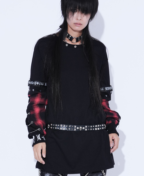 [APPAREL]/セックスポットリベンジ/BONDAGE CHAIN SLEEVE PUNKISH カットソー 黒＋赤チェック (F) ゴスロリ・パンク/SEX POT ReVeNGe