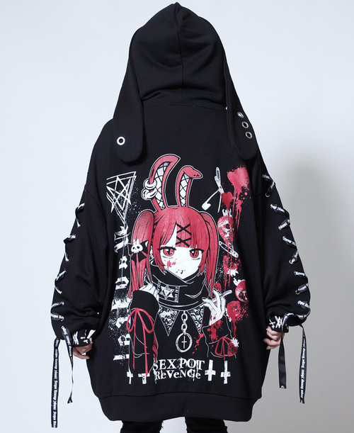 [APPAREL]/セックスポットリベンジ/わがままバニー LACE UP SLEEVE RABBIT EARS HOOD ジップ パーカ 黒×白＋赤 (F) ゴスロリ・パンク/SEX POT ReVeNGe