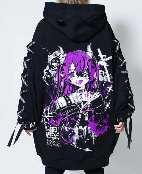 [APPAREL]/セックスポットリベンジ/悪魔の誘惑 LACE UP SLEEVE DEVIL HORNS HOOD ジップ パーカ 黒×白＋紫 (F) ゴスロリ・パンク/SEX POT ReVeNGe