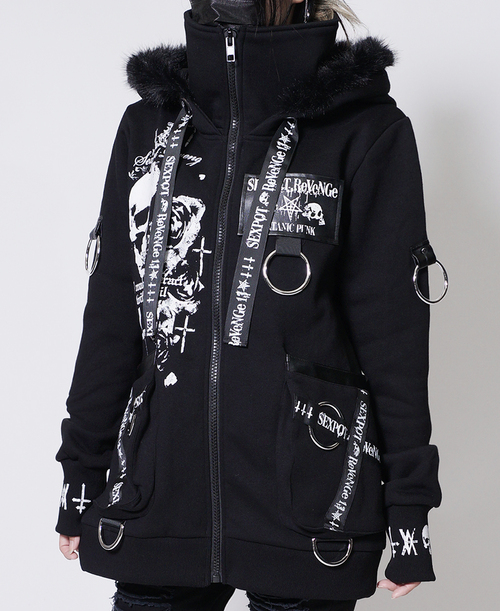 [APPAREL]/セックスポットリベンジ/REVERSE SKULL SHORT ZIP パーカ 黒 (L) ゴスロリ・パンク/SEX POT ReVeNGe