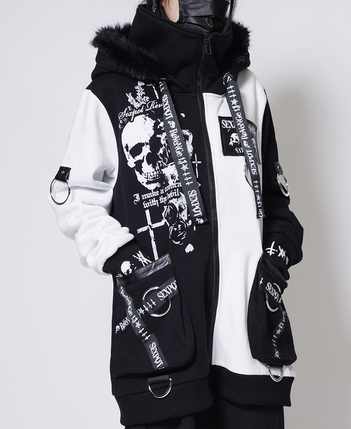 [APPAREL]/セックスポットリベンジ/REVERSE SKULL SHORT ZIP パーカ 黒＋白 (L) ゴスロリ・パンク/SEX POT ReVeNGe