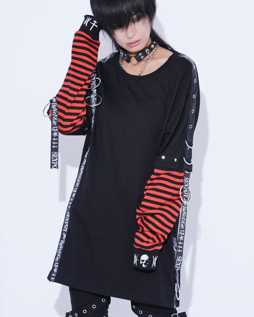 [APPAREL]/セックスポットリベンジ/STUDS BORDER パンキッシュ カットソー 黒+赤ボーダー (F) ゴスロリ・パンク/SEX POT ReVeNGe