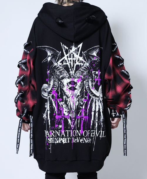 [APPAREL]/セックスポットリベンジ/INCARNATION OF EVIL LACE UP SLEEVE DEVIL HORNS HOOD ジップ パーカ 黒+赤チェック×白+紫 (F) ゴスロリ・パンク/SEX POT ReVeNGe