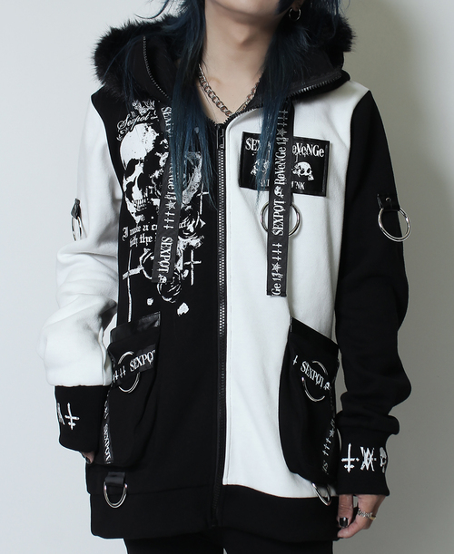 [APPAREL]/セックスポットリベンジ/PLEDGE REVERSE SKULL SHORT ZIP パーカ 黒+白×白+青 (M) ゴスロリ・パンク/SEX POT ReVeNGe