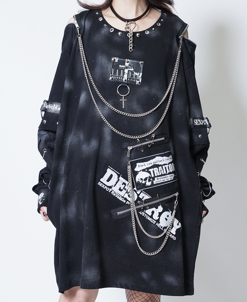 [APPAREL]/セックスポットリベンジ/CUSTOM BONDAGE CHAIN SLEEVE PUNKISH カットソー 黒 (F) ゴスロリ・パンク/SEX POT ReVeNGe