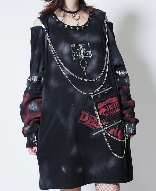 [APPAREL]/セックスポットリベンジ/CUSTOM BONDAGE CHAIN SLEEVE PUNKISH カットソー 黒+赤チェック (F) ゴスロリ・パンク/SEX POT ReVeNGe