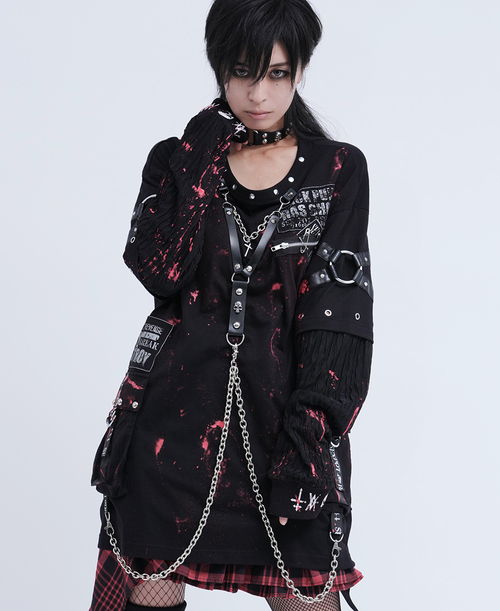 [APPAREL]/セックスポットリベンジ/CUSTOM CROSS BELT PUNKISH WASHER SLEEVE カットソー 黒 (F) ゴスロリ・パンク/SEX POT ReVeNGe