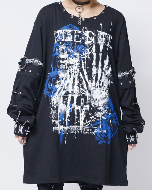 [APPAREL]/セックスポットリベンジ/PLEDGE BONDAGE CHAIN SLEEVE PUNKISH カットソー 黒 x 白+青 (F) ゴスロリ・パンク/SEX POT ReVeNGe