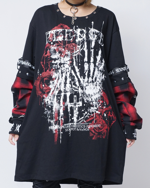 [APPAREL]/セックスポットリベンジ/PLEDGE BONDAGE CHAIN SLEEVE PUNKISH カットソー 黒+赤チェック x 白+赤 (F) ゴスロリ・パンク/SEX POT ReVeNGe