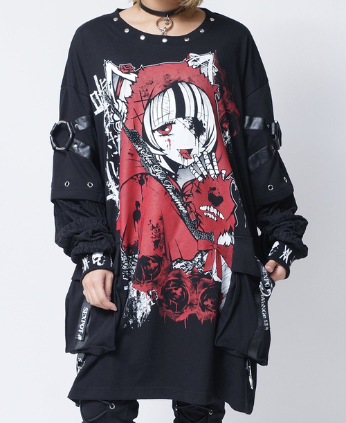[APPAREL]/セックスポットリベンジ/噛み付けば？ CROSS BELT PUNKISH WASHER SLEEVE カットソー 黒 x 白+赤 (F) ゴスロリ・パンク/SEX POT ReVeNGe