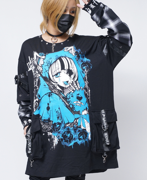 [APPAREL]/セックスポットリベンジ/噛み付けば？ CROSS BELT PUNKISH CHECK SLEEVE カットソー 黒+白チェック x 白+水色 (F) ゴスロリ・パンク/SEX POT ReVeNGe