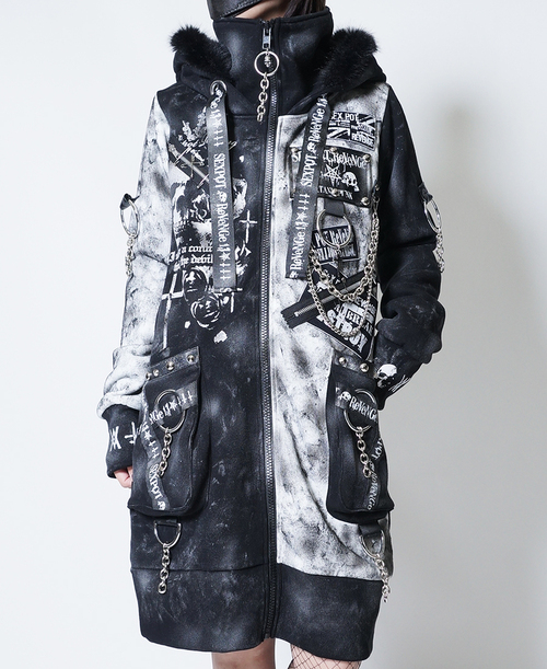 [APPAREL]/セックスポットリベンジ/CUSTOM REVERSE SKULL LONG ZIP パーカ 黒+白 (L) ゴスロリ・パンク/SEX POT ReVeNGe