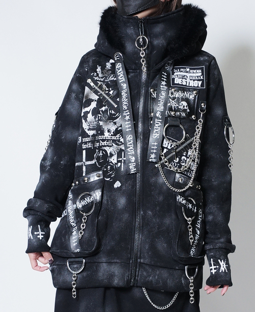 [APPAREL]/セックスポットリベンジ/CUSTOM REVERSE SKULL SHORT ZIP パーカ 黒 (M) ゴスロリ・パンク/SEX POT ReVeNGe