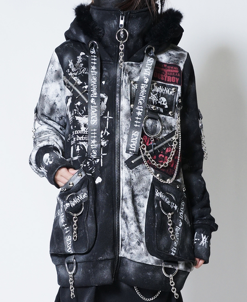 [APPAREL]/セックスポットリベンジ/CUSTOM REVERSE SKULL SHORT ZIP パーカ 黒+白 (M) ゴスロリ・パンク/SEX POT ReVeNGe