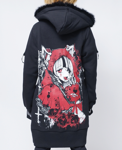[APPAREL]/セックスポットリベンジ/噛み付けば？ REVERSE SKULL LONG ZIP パーカ 黒 x 白+赤 (M) ゴスロリ・パンク/SEX POT ReVeNGe