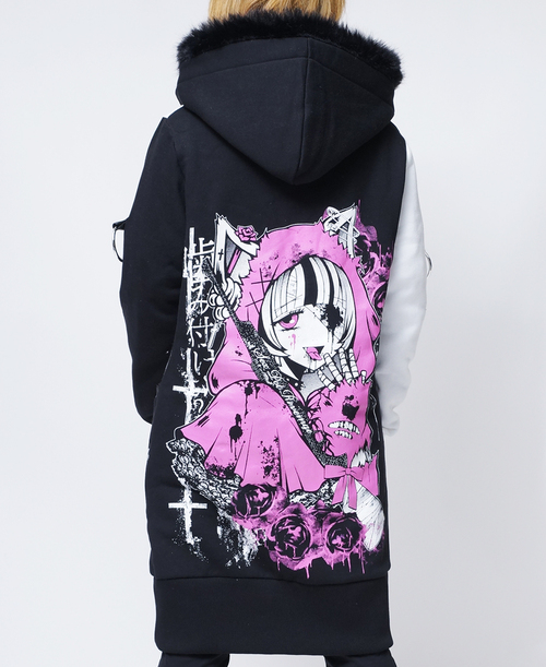 [APPAREL]/セックスポットリベンジ/噛み付けば？ REVERSE SKULL LONG ZIP パーカ 黒+白 x 白+ピンク (L) ゴスロリ・パンク/SEX POT ReVeNGe