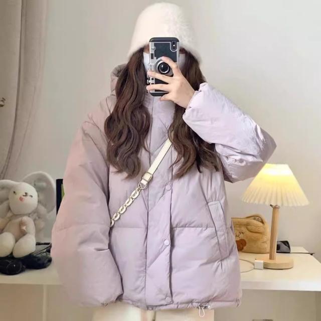 ダウンジャケット レディース フード ルーズ ショート丈 可愛い 暖かい パープル 韓国ファッション pLegLad店 大人 きれいめ 暖かい 明るめ 30代 40代 50代