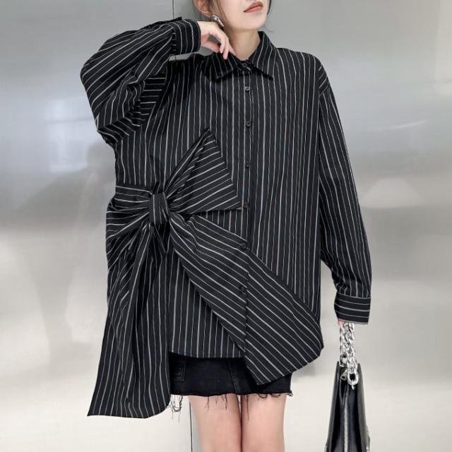 トップス シャツ レディース ロング 長袖 ストライプ柄 モード pLegLad店 リボン 不規則 アシンメトリー 前開き カジュアル きれい ...