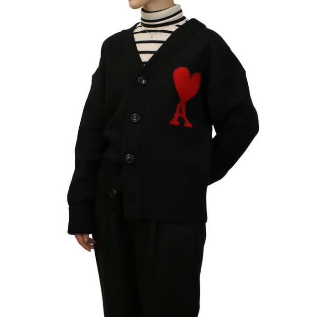 【新品】アミパリス AMI PARIS  ユニセックス ハートロゴ ニット カーディガン  BFUKC002.018　009 BLACK-RED ブラック