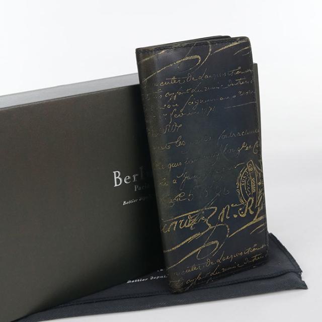 中古良品Berluti ベルルッティ 長財布二折 サンタル　フラップ　ロングウォレット カリグラフィ メンズ ブラック