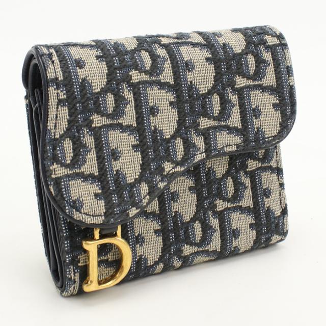 中古良品DIOR ディオール 三つ折り財布 S5652 CTZQ M928 ロータスウォレット サドル レディース ネイビー